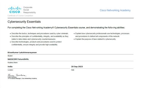 This Is The Certificate For Course Completion In Cybersecurity Essentials In Cisco Academy