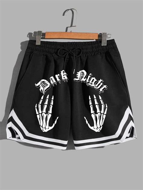 ROMWE rapazes Shorts impressão de carta e esqueleto cintura cordão