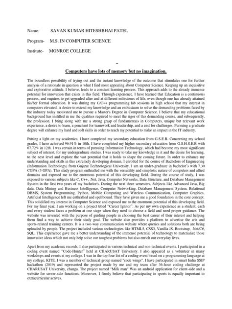 Ms In Computer Science Monroe College Savan Patel Pdf Science Databases