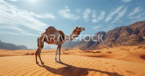 حيوان الجمل يقف وسط صحراء المملكة العربية السعودية، الاهتمام في تربية