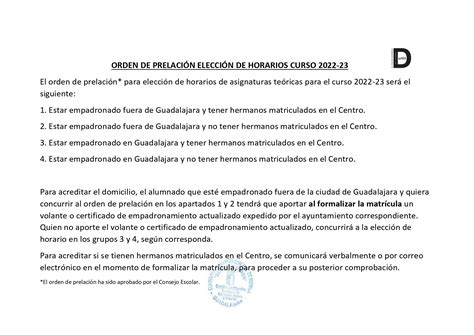 Orden De Prelación Elección De Horarios Curso 2223 Conservatorio