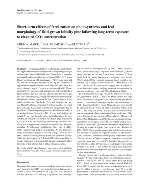Pdf Short Term Effects Of Fertilization On Photosynthesis And Leaf