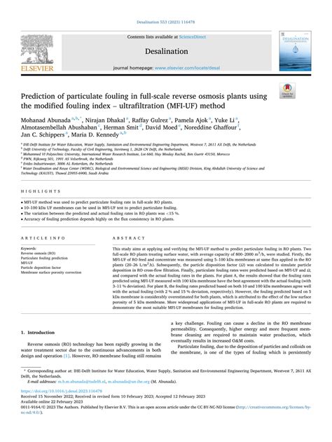 Pdf Prediction Of Particulate Fouling In Full Scale Reverse Osmosis