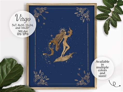 Virgo Zodiac Astrology Wall Art Decor Navy Blue Gold Digital Etsy