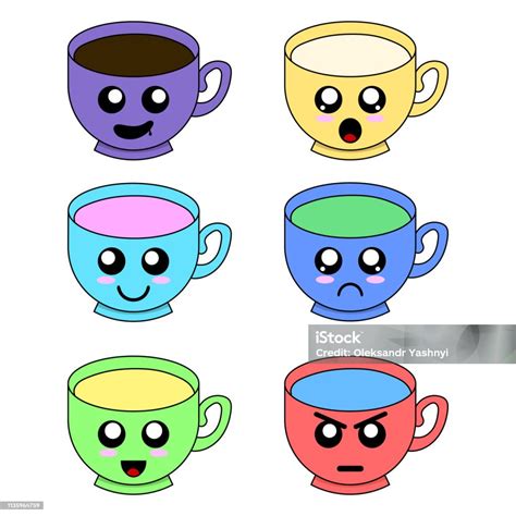 컵 이모티콘 흰색 배경에 고립 된 뺨과 눈으로 설정 합니다 귀여운 애니메이션 얼굴로 뚱뚱한 디자인의 귀 엽 다 낙서 컵 캐릭터 컬러 디자인에 대 한 벡터 일러스트 레이