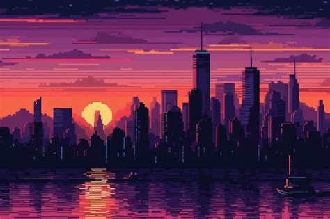 8 Bit Graphics Pixels Scene With City At Sunset Ai Generated Image