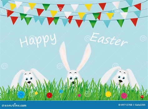 Three Easter Bunnies Are Sitting In The Grass With Flowers Flags Stock