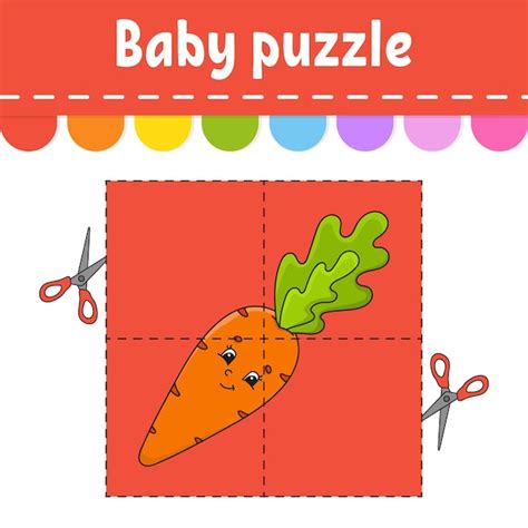 아기 퍼즐 쉬운 레벨 플래시 카드 자르기 및 재생 색상 활동 워크 시트 어린이 만화 캐릭터를위한 게임 프리미엄 벡터