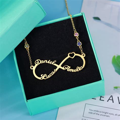 Custom 3 Names Infinity Necklace With Birthstones In Gold Getnamenecklace