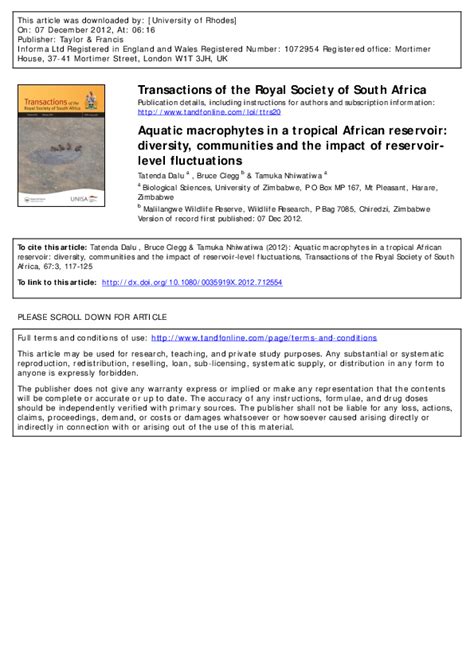 Pdf Aquatic Macrophytes In A Tropical African Reservoir Diversity