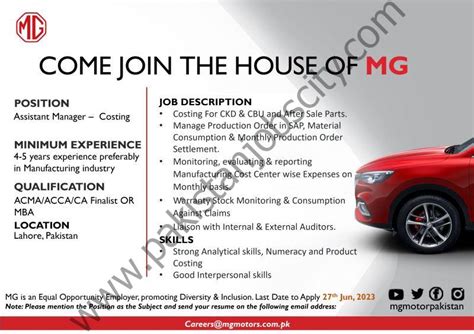 Mg Motors Pakistan Jobs Assistant Manager Costing