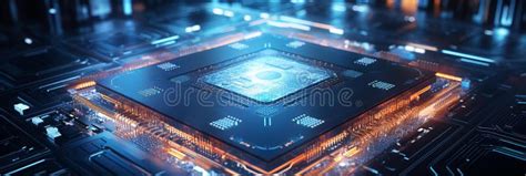 Supercomputer Cpu And Gpu Circuits Mother Board Interconnection With Neon Glowing Light Stock