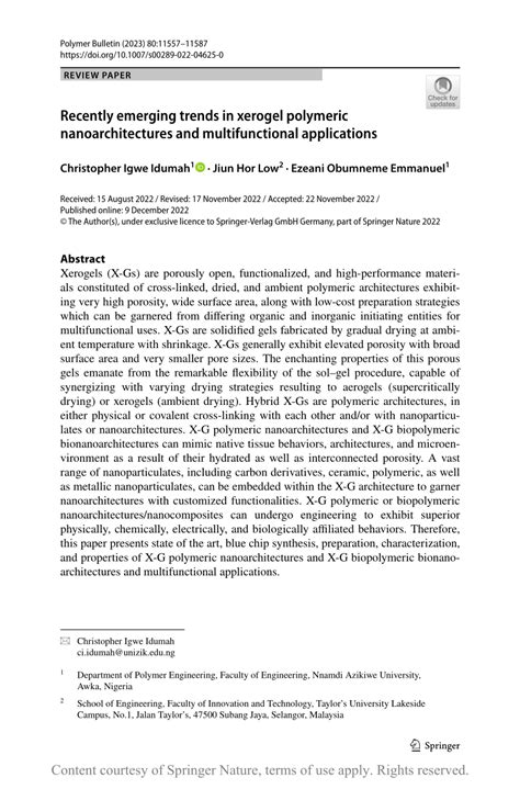 Recently Emerging Trends In Xerogel Polymeric Nanoarchitectures And Multifunctional Applications