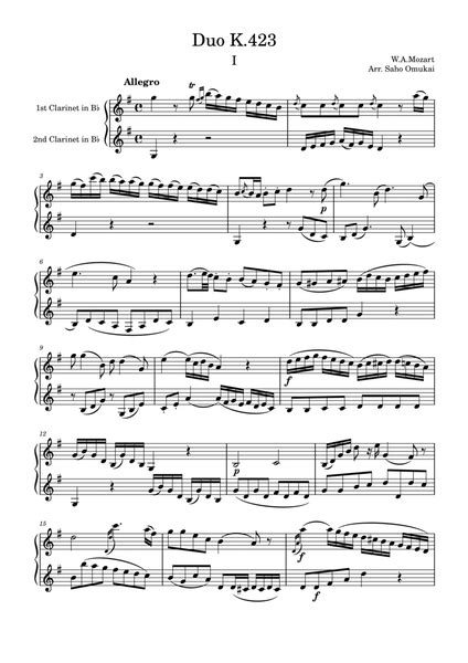 Mozart Sonata K423 For Two Clarinets By Wolfgang Amadeus Mozart