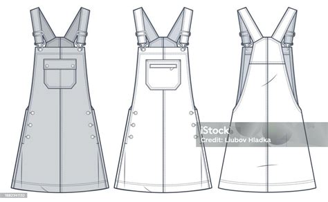 Dungaree 드레스 기술 패션 일러스트 벽지 미니 드레스 패션 플랫 기술 도면 템플릿 A 라인 버튼 포켓 편안한 핏 전면 및