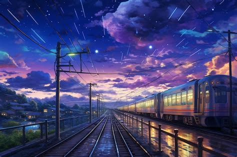 Premium Ai Image Anime Train On Tracks With A Sky Background And A