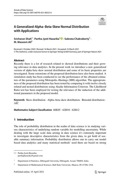 Pdf A Generalized Alpha Beta Skew Normal Distribution With Applications