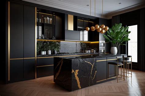 Modern Monochrome Kitchen With Marble Countertops Stock Illustration