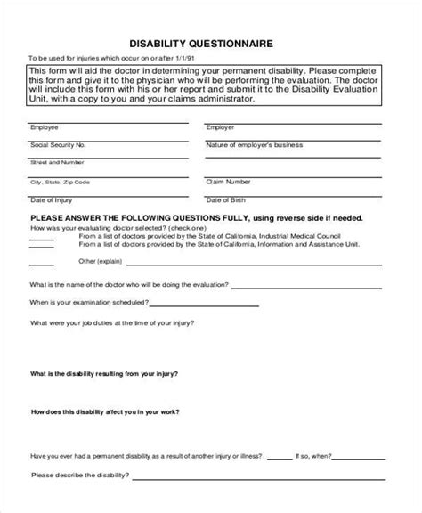 Free 8 Sample Disability Questionnaire Forms In Pdf Ms Word