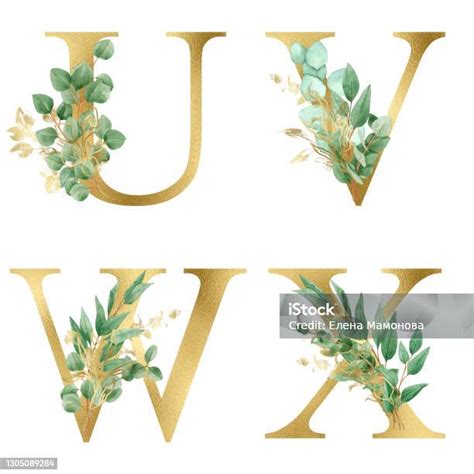 녹색과 금 유칼립투스 가지와 골드 라인 잎 수채화 골드 꽃 알파벳 세트 컬렉션 결혼식 초대장 베이비 샤워 승화 디자인 생일 다른 개념 아이디어 꽃무늬에 대한 스톡 벡터 아트