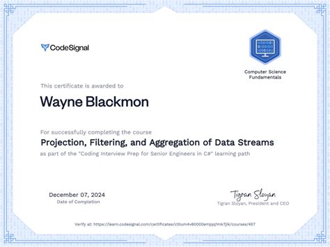 Course Certificate For Projection Filtering And Aggregation Of Data Wayne Blackmon