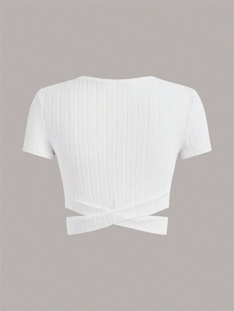 Shein Ezwear Summer Solid White Wide Pit Strip Criss Cross Cut Out Hem