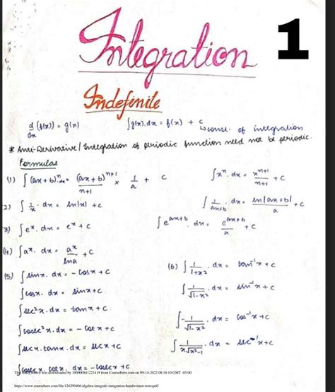 SOLUTION Algebra Integrals Integration Handwritten Notes Pdf Studypool