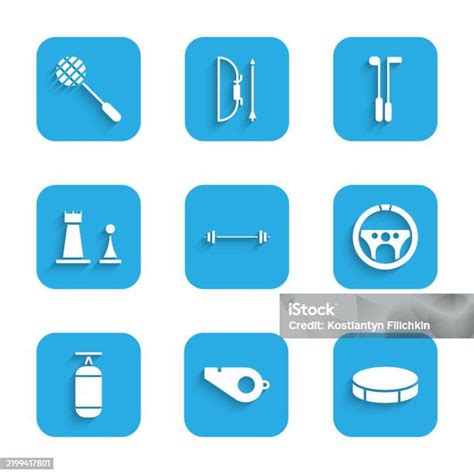 바벨 휘파람 하키 퍽 스티어링 휠 펀칭 백 체스 골프 클럽 및 테니스 라켓 아이콘을 설정합니다 벡터 건강한 생활방식에 대한 스톡 벡터 아트 및 기타 이미지 Istock