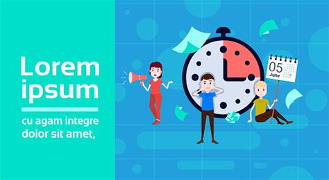 시계 마감일 남자 여자 잡고 확성기 달력 6 월 5 일 날 문자 작업 사무실 개념 디자인 작업 및 애니메이션 전체 길이 가로 평면 복사 공간에 대 한 경영자에 대한 스톡