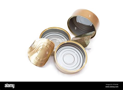 Three Opened Empty Tin Cans With Broken Cover Isolated On White Background Clean Used Aluminum