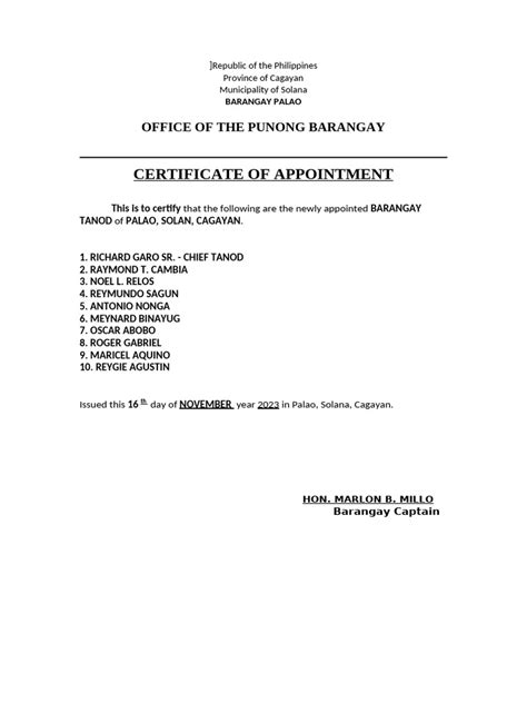 Barangay Palao Tanod Appointments Pdf