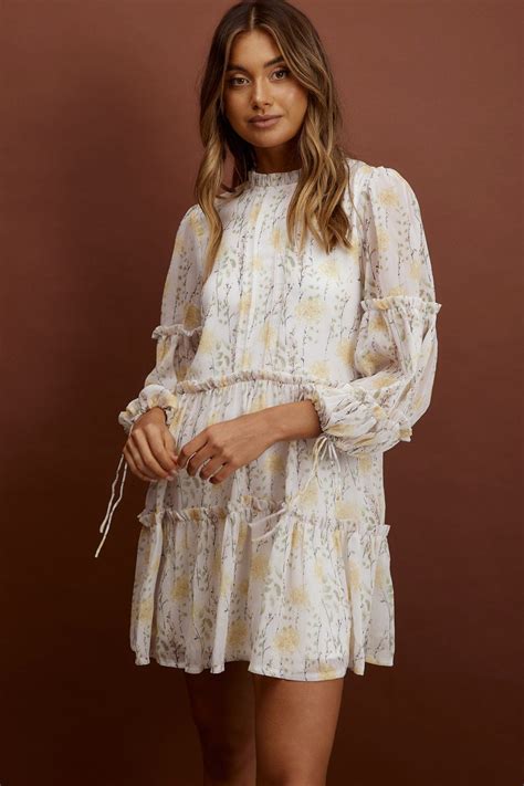 Shop The Beatrix High Neck Balloon Sleeve Dress Floral Yellow Selfie