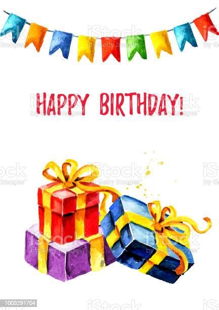 행복 한 생일 카드입니다 다채로운 Garlands 및 선물 상자 흰색 배경에 고립 수채화 손으로 그린 그림 개체 그룹에 대한