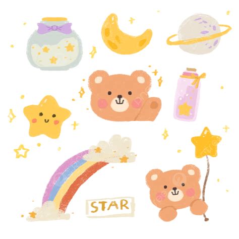 Cute Korean Bear Stars Colorful Kawaii Stickers Bear Clipart Cute Clipart Kawaii Clipart Png