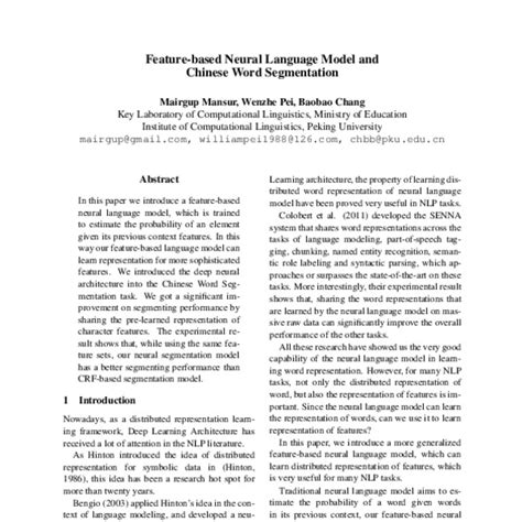 Feature Based Neural Language Model And Chinese Word Segmentation Acl Anthology