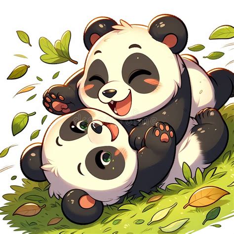 Two Pandas Playfully Roll Down A Grassy Hill Their Bodies Intertwined