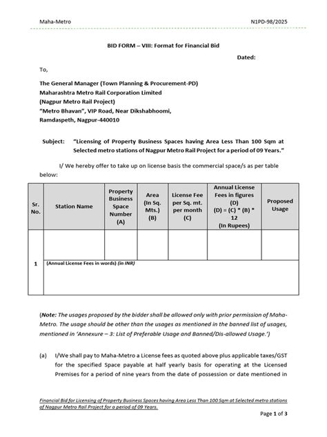 Bid Form Viii Financial Bid Pdf Payments