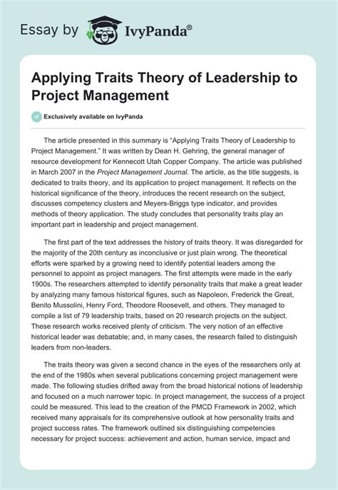 applying traits theory of leadership to project management 566 words