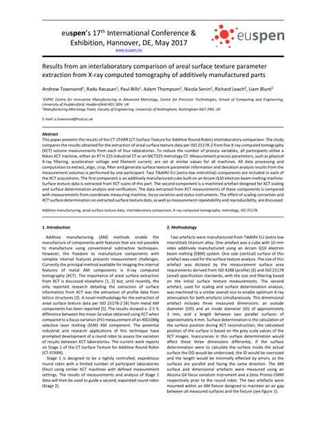 Pdf Results From An Interlaboratory Comparison Of Areal Surface Texture Parameter Extraction