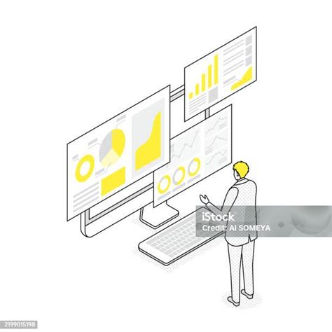 웹 마케팅 데이터를 분석하는 사업가의 아이소 메트릭 일러스트레이션 3차원 형태에 대한 스톡 벡터 아트 및 기타 이미지 3차원 형태 개념 개발 Istock