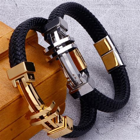 11mm Braided Genuine Leather Bracelet Men Gold Stainless Steel Mens