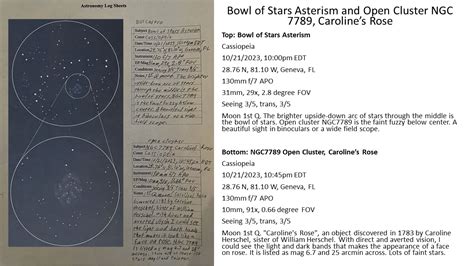 Bill Castro Astronomy Log Sheet Ngc7789 Central Florida Astronomical