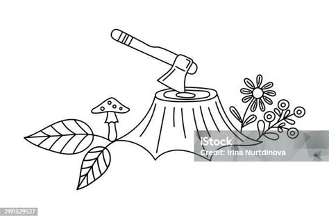 도끼가 그루터기에 박혔다 숲의 풍경입니다 흑인과 백인 라인 아트 손으로 그린 낙서 그림입니다 직물 옷 배경 엽서용 여행 하이킹 및 캠핑 개념 벡터 일러스트 레이 션 검은색에