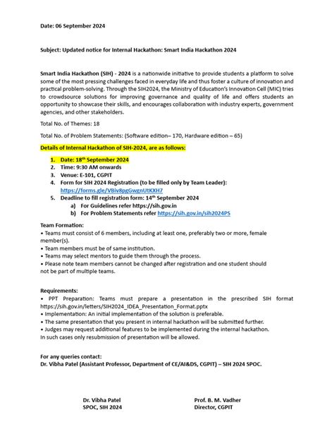 Updated Notification Of Cgpit Internal Hackathon For Sih 2024 Pdf