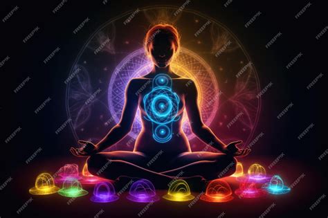 Humano Meditando Con Los Siete Chakras Activados Fondo Del Universo