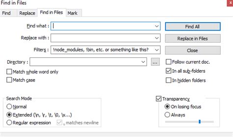 syntax how do i exclude a list of folders in search in notepad
