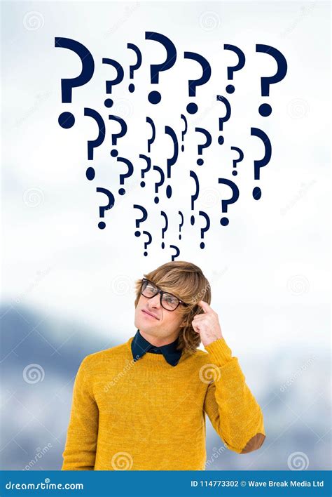 Man Thinking With Question Marks Stock Photo Image Of Eyeglasses Career 114773302