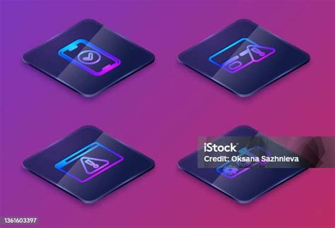 Isometric 라인 스마트폰 느낌표와 브라우저 신용 카드 및 암호 보호를 설정합니다 파란색 정사각형 버튼 벡터 0명에 대한 스톡 벡터 아트 및 기타 이미지 Istock
