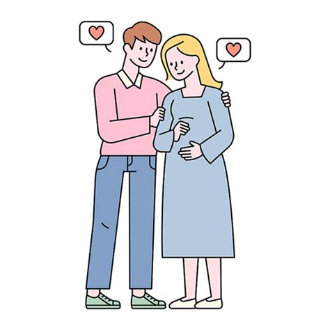 임신한 아내를 안아주는 남편 행복한 커플 캐릭터 심플한 벡터 스타일의 아웃라인이 있는 일러스트레이션 유토이미지 상세