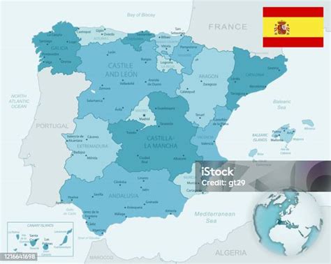 世界の国旗と場所を持つスペインと行政部門の青緑色の詳細な地図 3dのベクターアート素材や画像を多数ご用意 3d アイコン アイコン